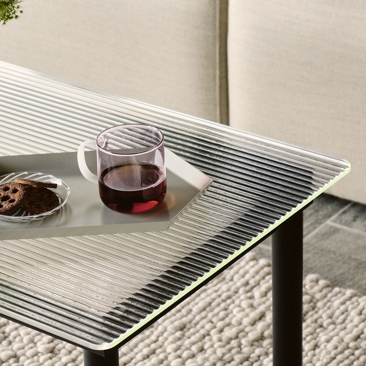 kofi coffee table in black solid oak & clear reed glass - l 140 x w 50 ...